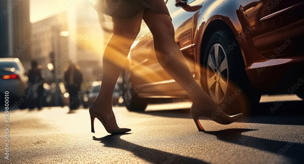 Female feet high heels running on sunny city street among cars and ...