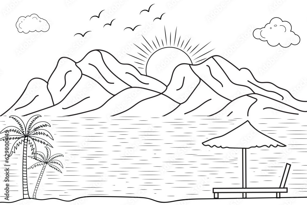 hand-drawn line art landscape mountain view, with sun and clouds, under ...