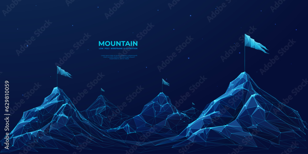 Abstract digital mountains range with flags in a futuristic low poly ...