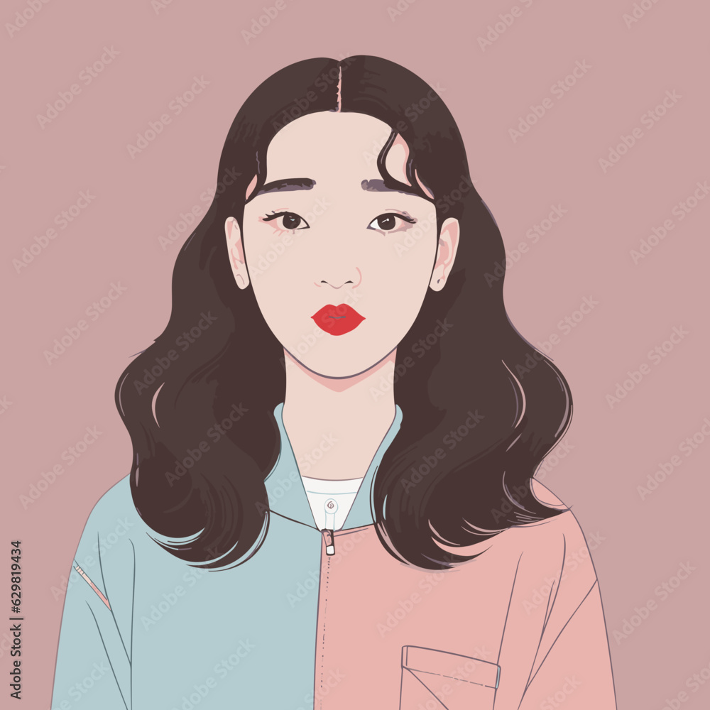 Korean woman: Wavy black hair with a center parting, brown eyes, red ...