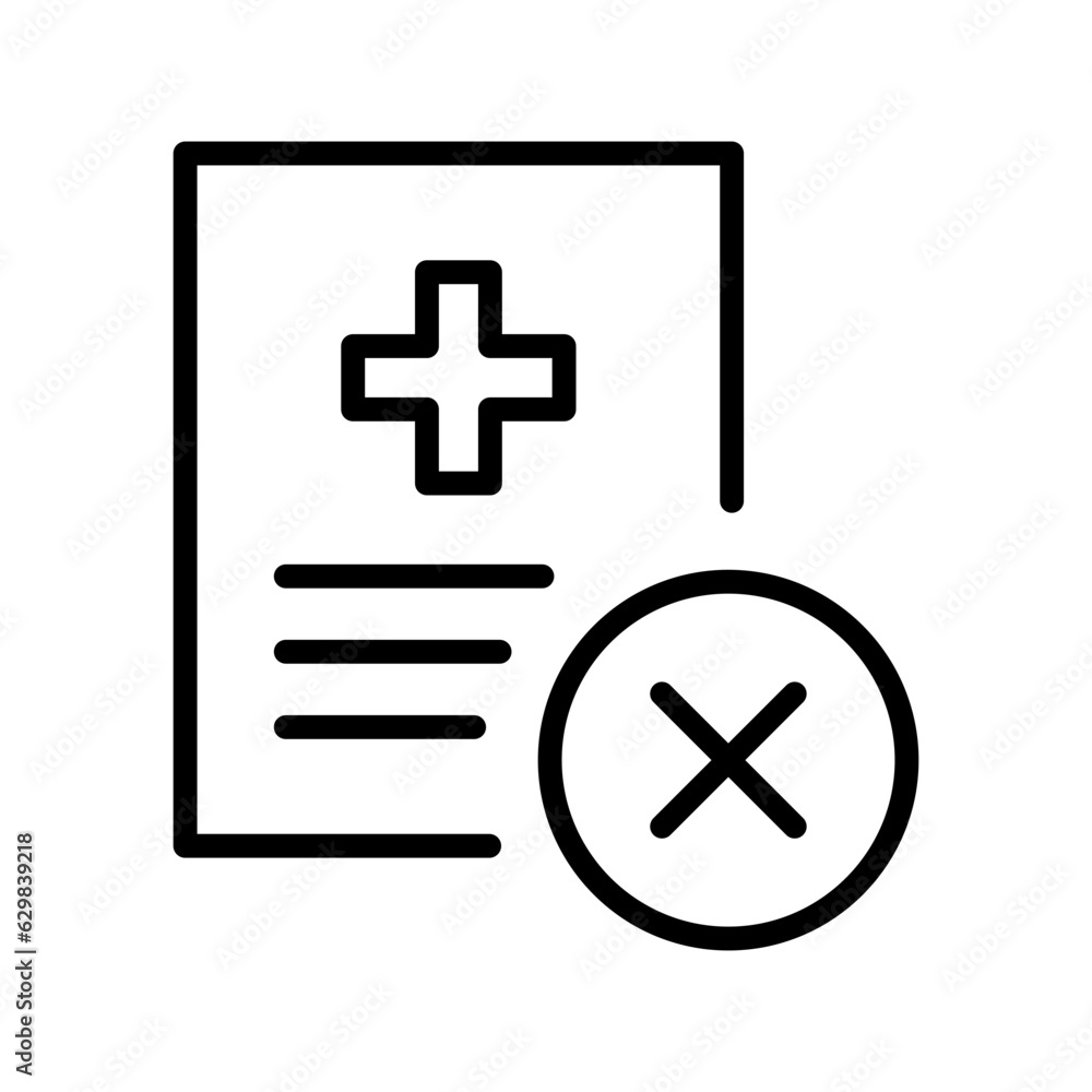 Black single medical document not approved line icon, simple outline failed data flat design ...