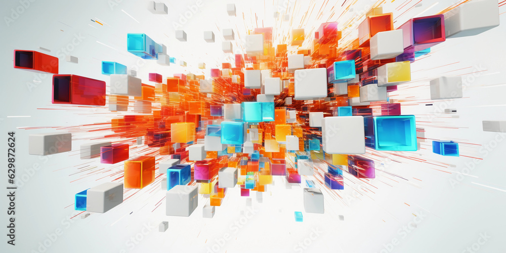 structured chaos of vibrant cuboids levitating in a white void ...