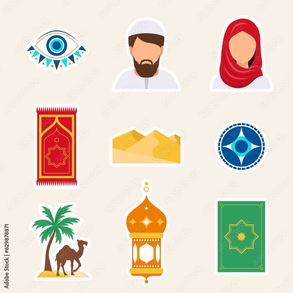 Islamic Icon collection pack. Muslim sticker set in flat design. Vector ...