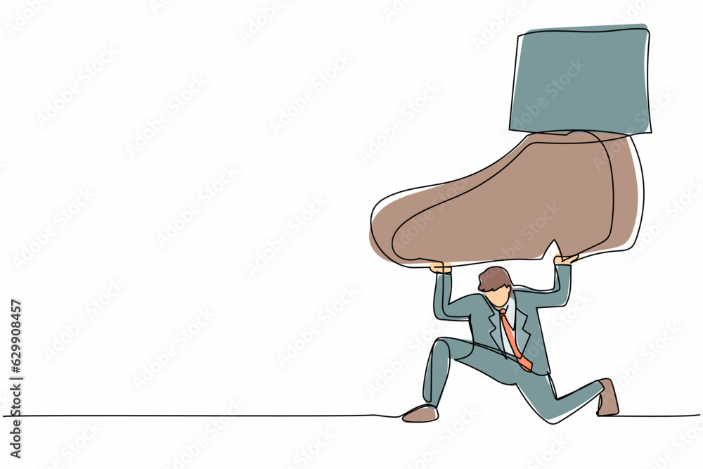 Continuous one line drawing young businessman under giant foot trample ...