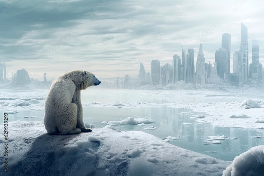 White polar bear sitting on melting ice floe glacier at arctic sea that ...