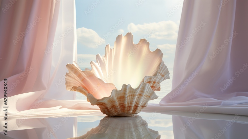 A designer's chair made of sea shells against the backdrop of pink ...