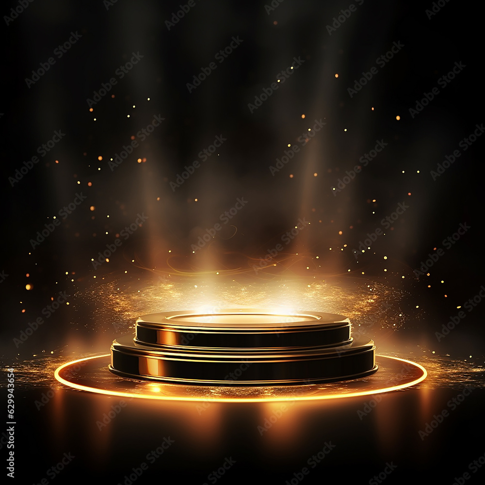 Gold podium on dark background with smoke. Empty pedestal for award ...