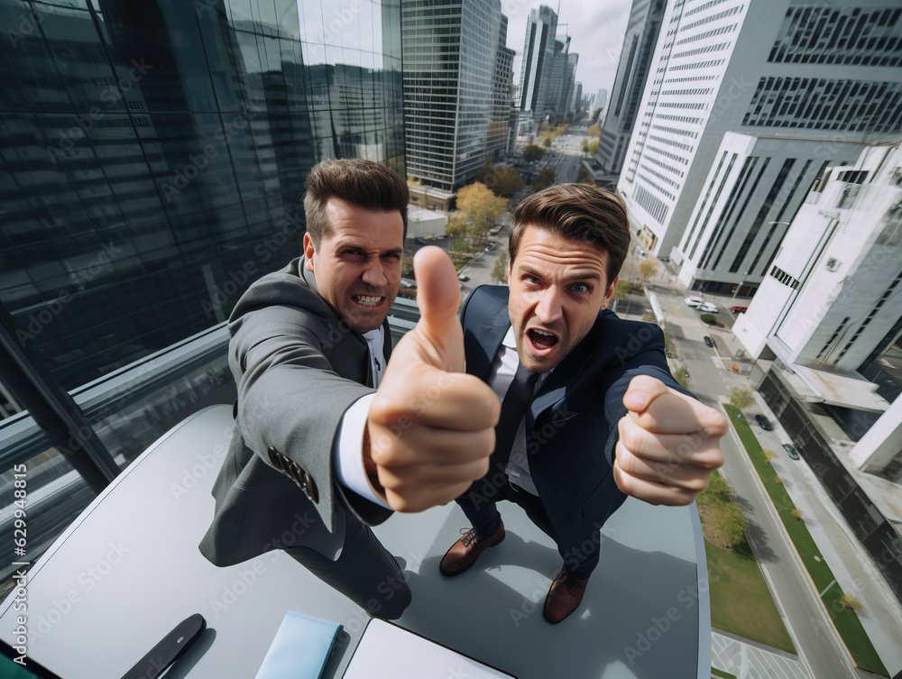 Two overconfident men in business suits cheering up from building top ...