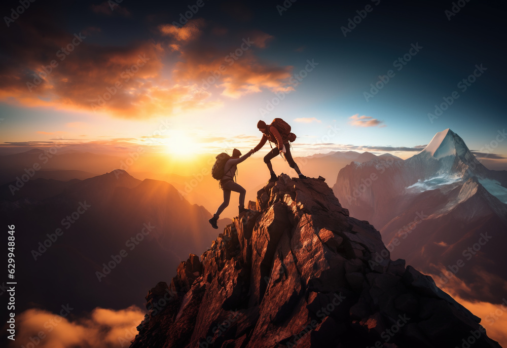 Hiker helping friend reach the mountain top, Generative Ai illustration ...