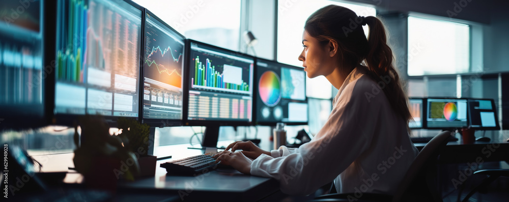 Woman market analyst studding charts in front of computer display setup ...