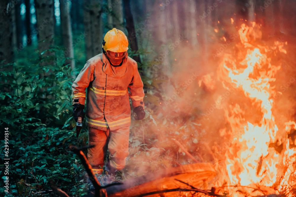 firefighter hero in action danger jumping over fire flame to rescue and ...