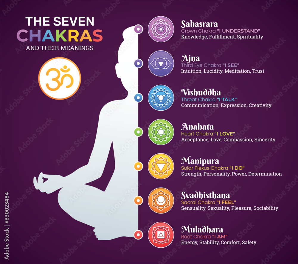 The Seven Chakras and their meanings Stock Vector | Adobe Stock