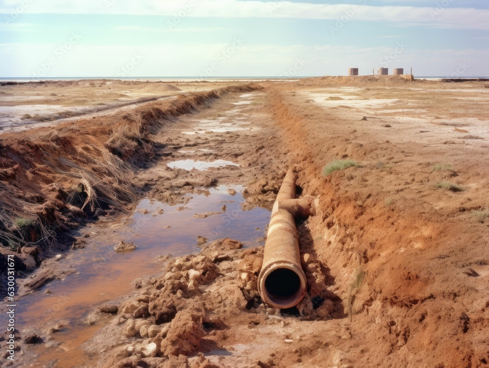 Excavation pit. Old drink water pipe with stainless repairing sleeve ...