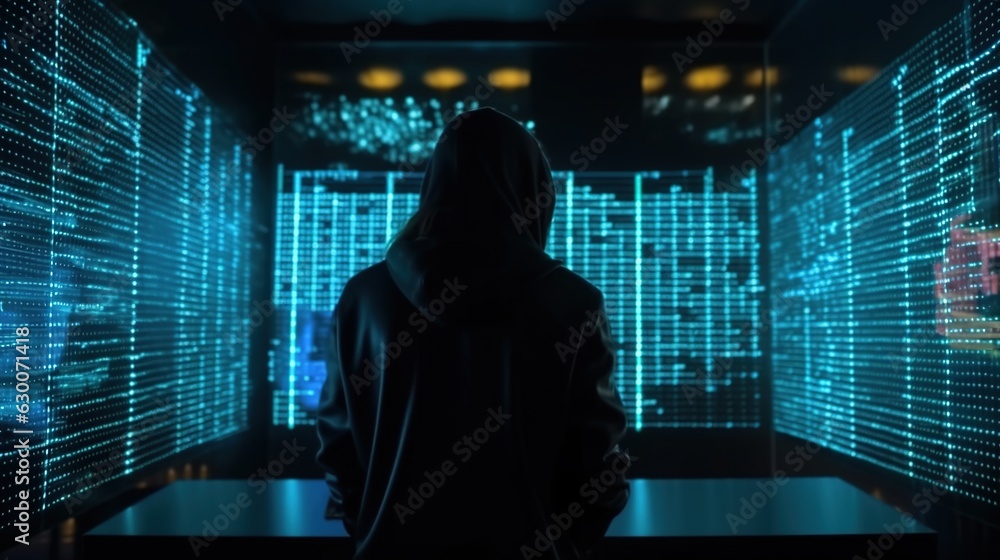 Computer hacker in hoodie with matrix code instead his face on blue digital background. Data ...