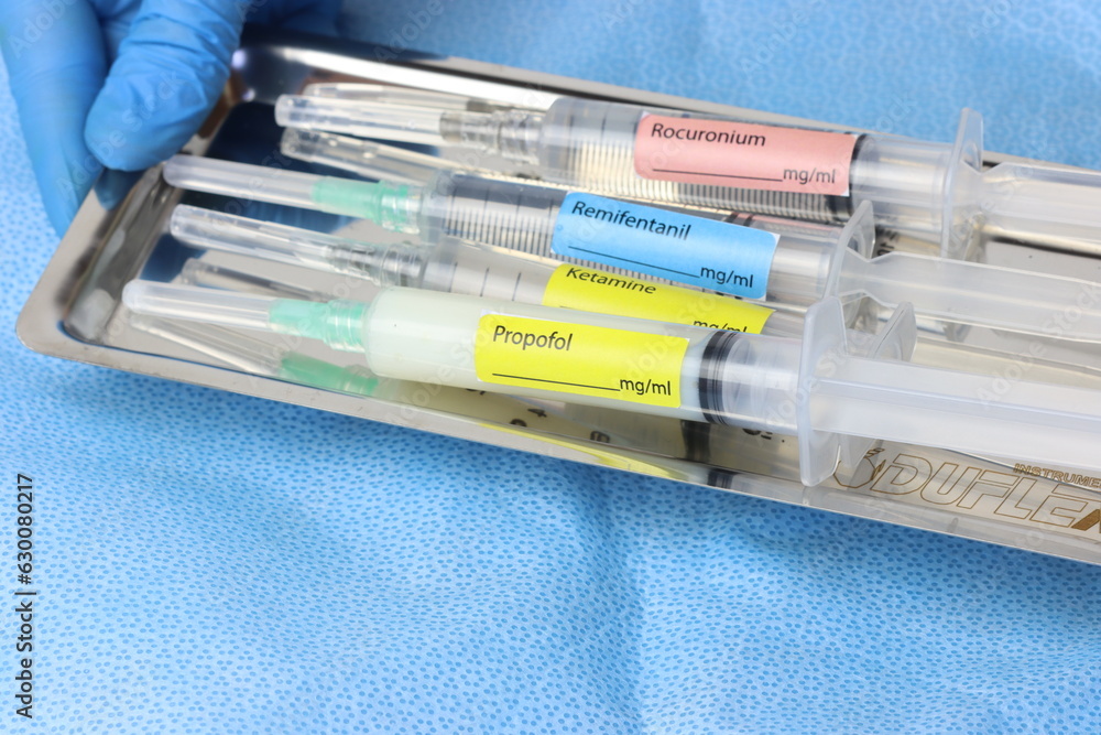 Tray with anesthetic syringe beeing hold by a professional wearing ...