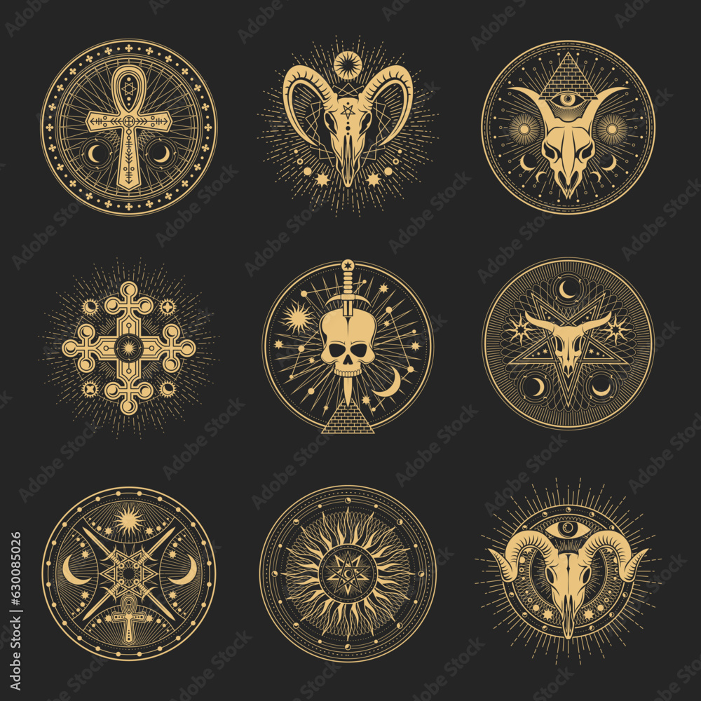 Occult and esoteric pentagram, magic tarot symbols. Vector signs of ...
