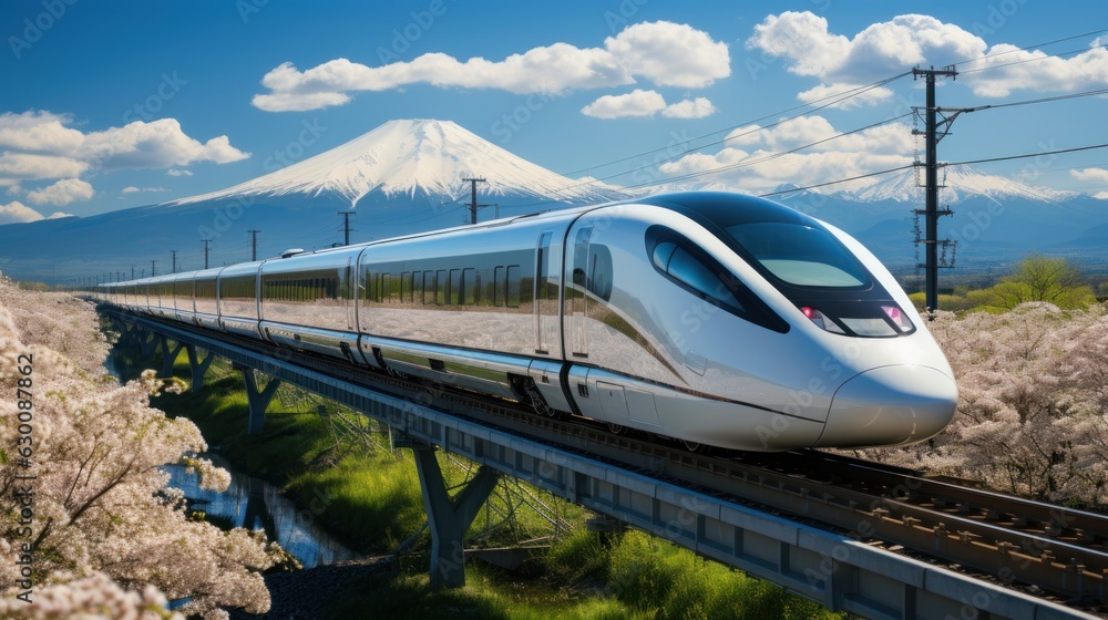 Shinkansen or bullet trains run through Mount Fuji and Shibazakura in ...