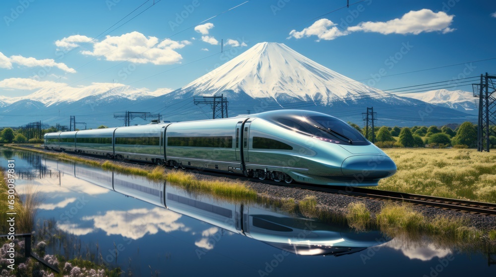 Shinkansen or bullet trains run through Mount Fuji and Shibazakura in ...