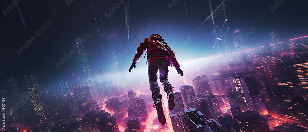 BASE jumper leaping from an urban skyscraper at night, neon - lit ...