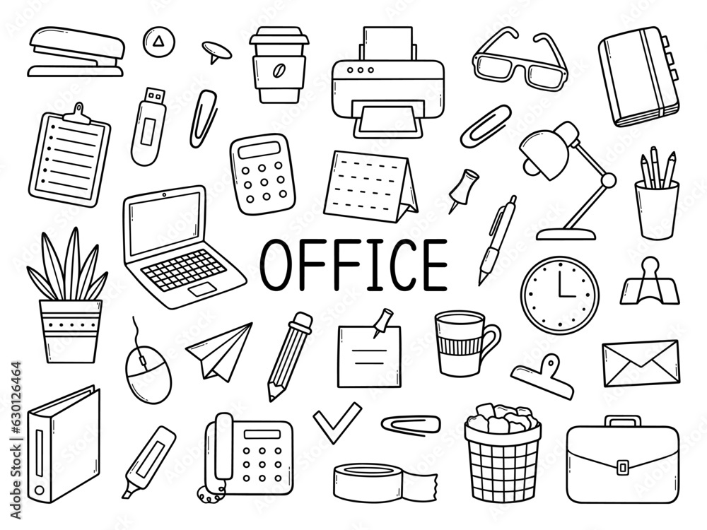 Office supplies doodle set. Office stuff: laptop, printer, lamp ...