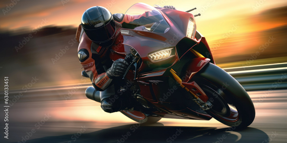 Man on a motorbike at high speed leaning in the curve. Racing sport ...