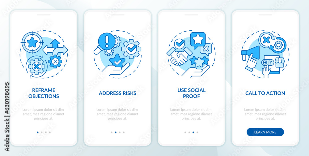 Image vectorielle Stock Objection handling techniques blue onboarding mobile app screen. Sales ...