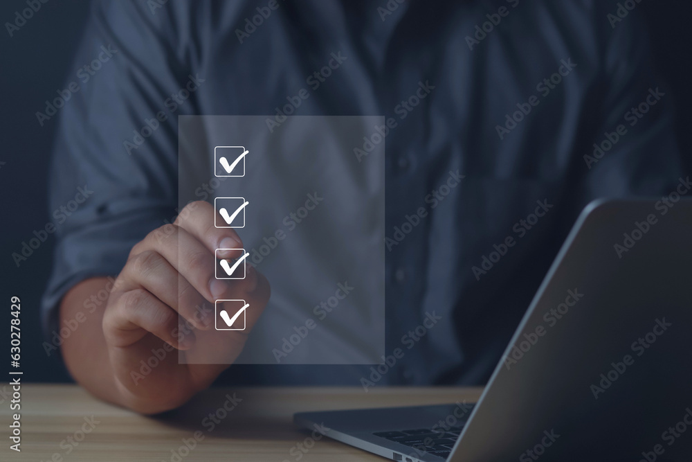 Businessman showing check marks summarizing work details, checklist ...