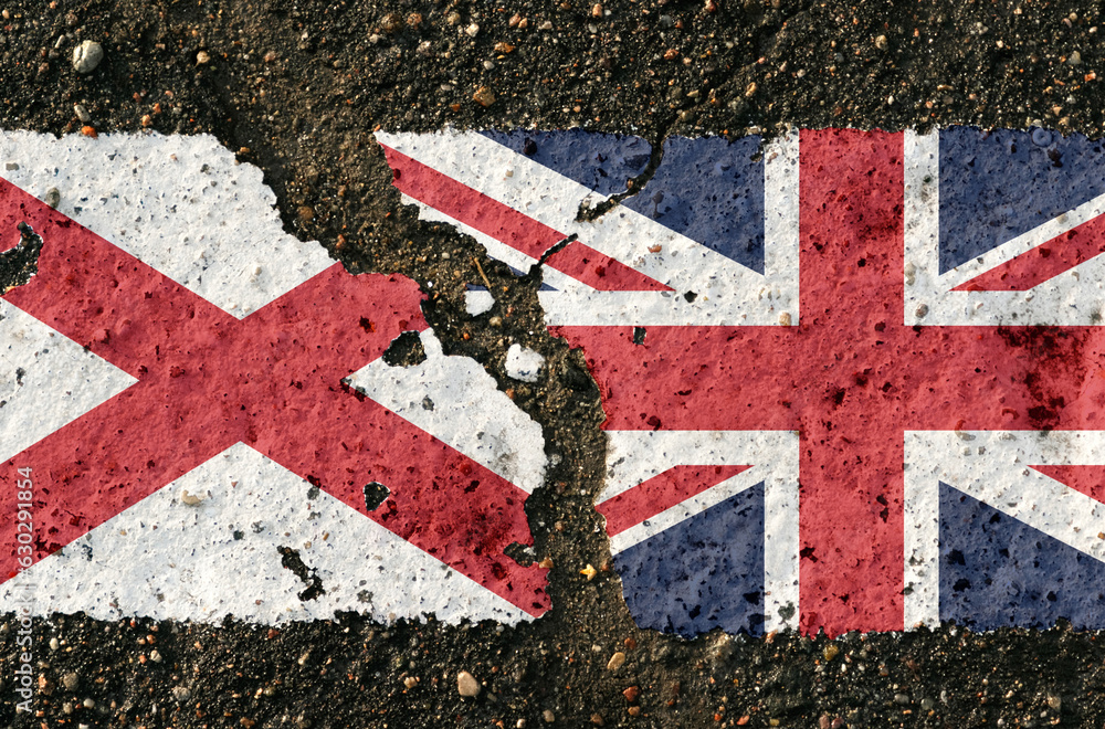 On the pavement are images of the flags of Northern Ireland and UK, as ...