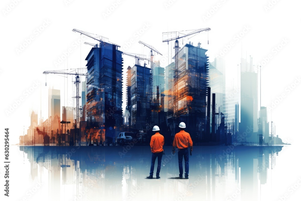 double exposure graphic design of digital building construction ...