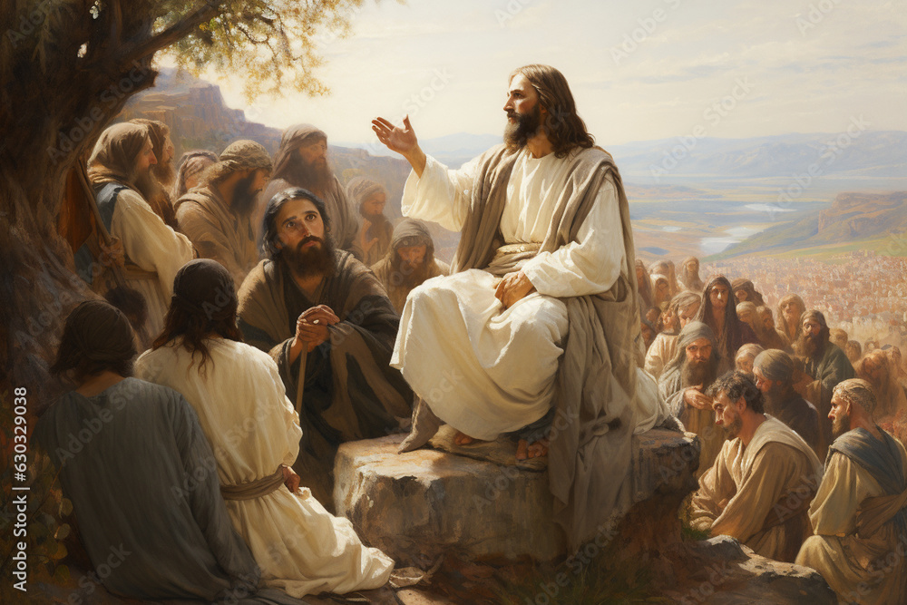 Jesus delivering the Sermon on the Mount, conveying His teachings and ...
