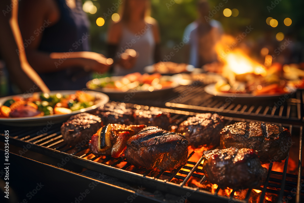 Small group of people plating food on barbeque with flames in ...