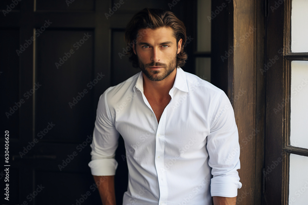 Generative ai collage portrait of elegant man model in white t shirt ...