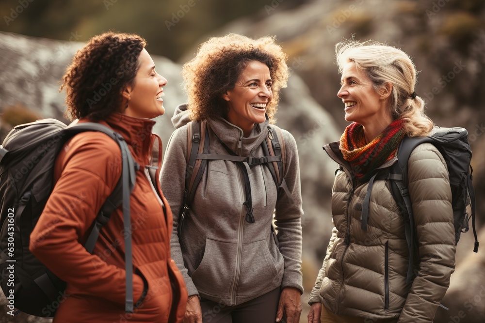 a photo of three diverse middle-aged mature women in trekking clothes ...
