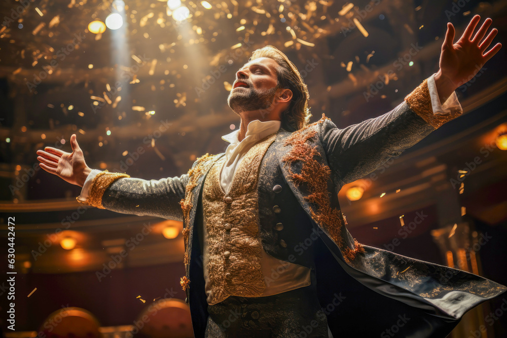 Opera tenor delivering a passionate and triumphant aria, in a dramatic ...