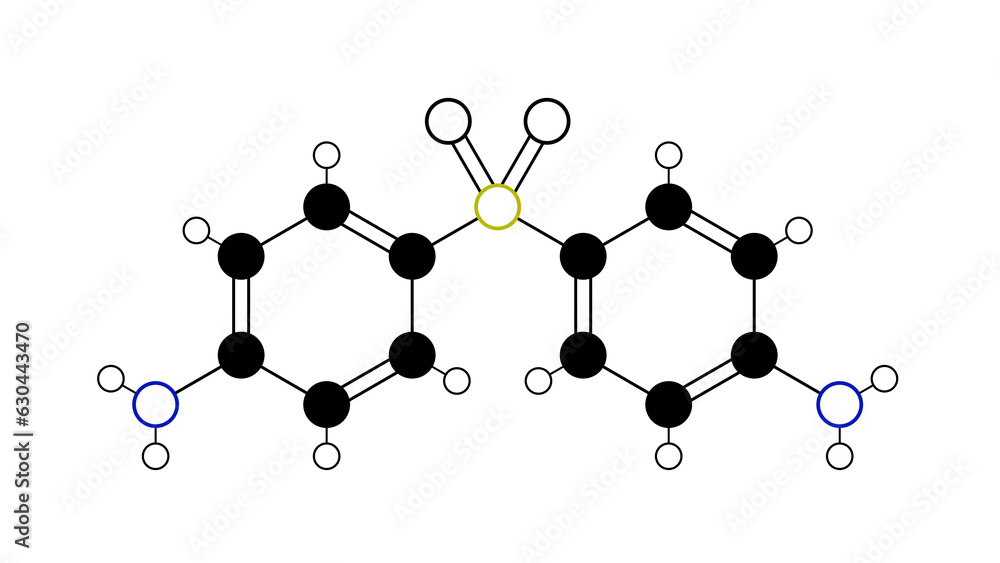 dapsone molecule, structural chemical formula, ball-and-stick model ...