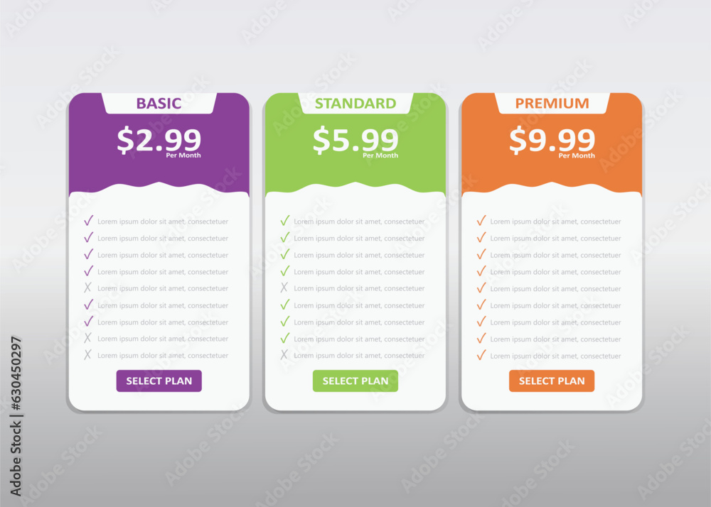 infographic Pricing plan. Minimalistic pricing plan comparison chart for web and mobile ...