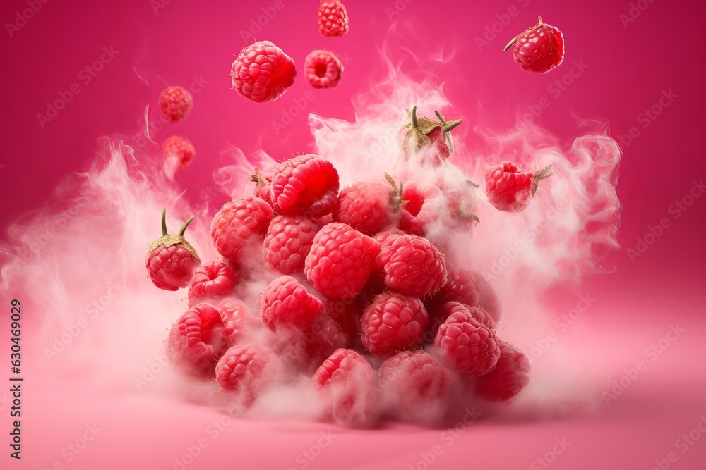 Many fresh raw red raspberries exploding and flying all around the pink ...