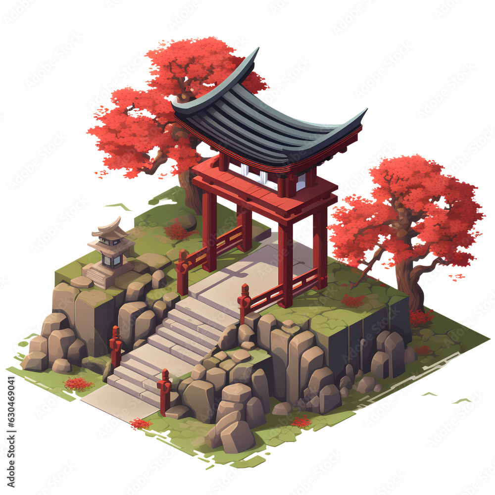 Isometric of a old Japanese gate clipping path on white Isolated ...