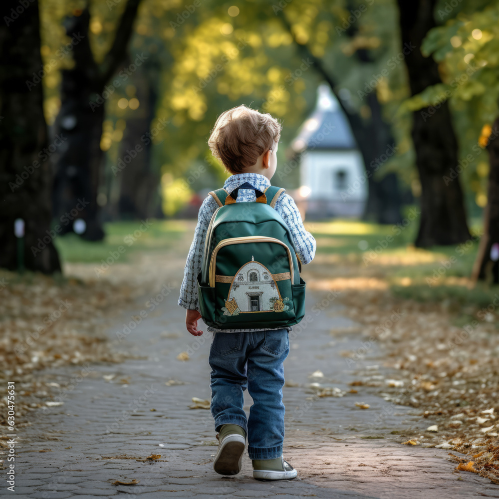 Back view of Little child walking with backpack in a shirt in the ...