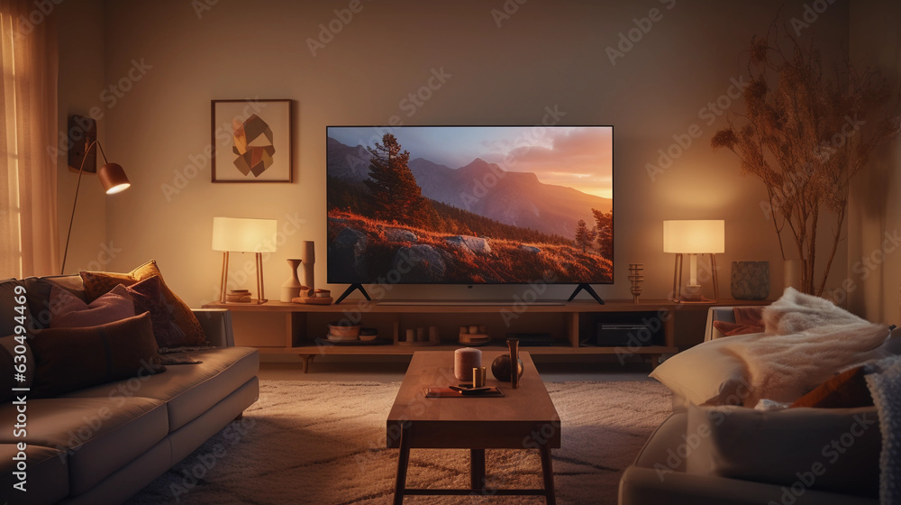 Living room bathed in soft evening light, cozy setting, smart TV with ...