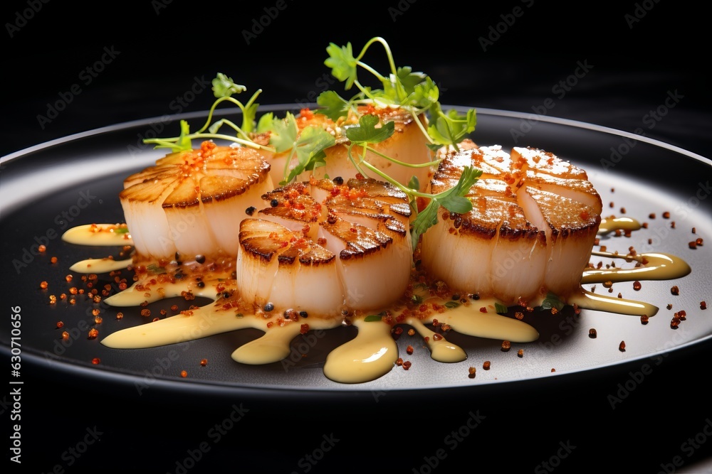 delicious luxurious dish cooked roasted sea scallops with greens on a ...