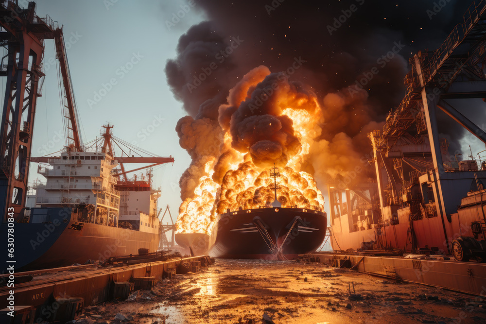 fire in the seaport burning ship, cargo ship with grain after the ...