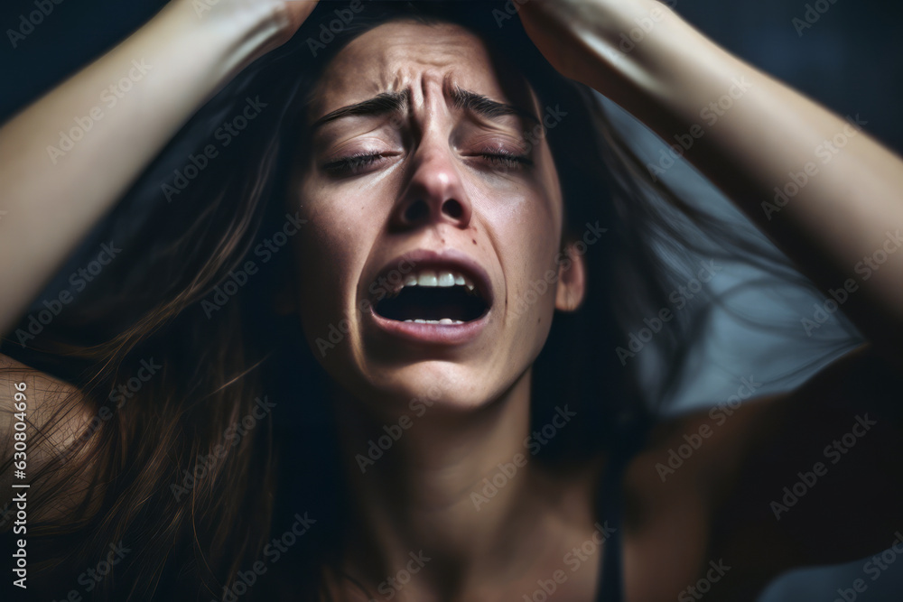 Close-up of a woman's face, caught in an authentic scream, conveying ...