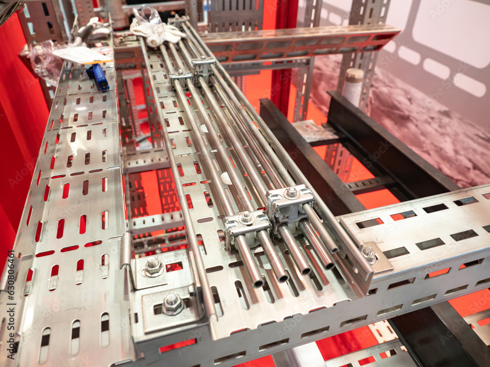 Cable channels at enterprise. Metal profiles for wires. Place for ...