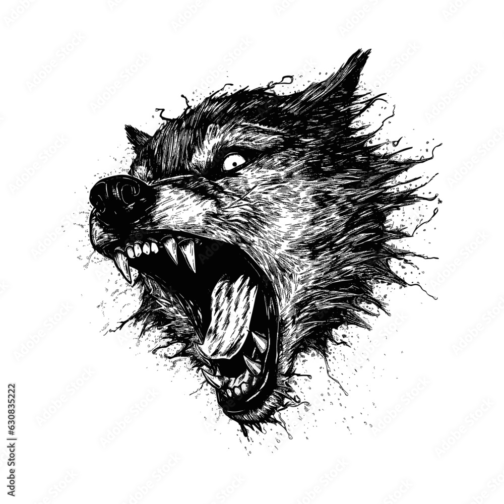 Aggressive Wolf in Stunning Monochrome: Hand-Drawn Flash Tattoo with ...