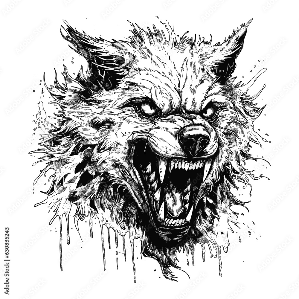 Ferocious Wolf: Hand-Drawn Black and White Flash Tattoo with Intricate ...
