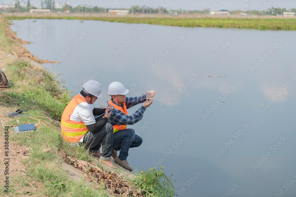 Environmental engineers inspect water quality,Bring water to the lab ...