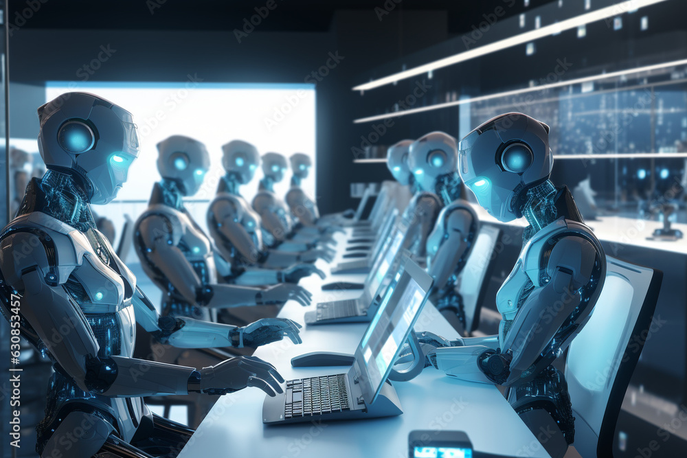 Office of the future. Many robots are typing on laptops. Artificial ...