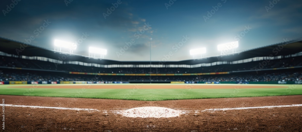 showcases a baseball field at a brightly lit outdoor stadium. The ...