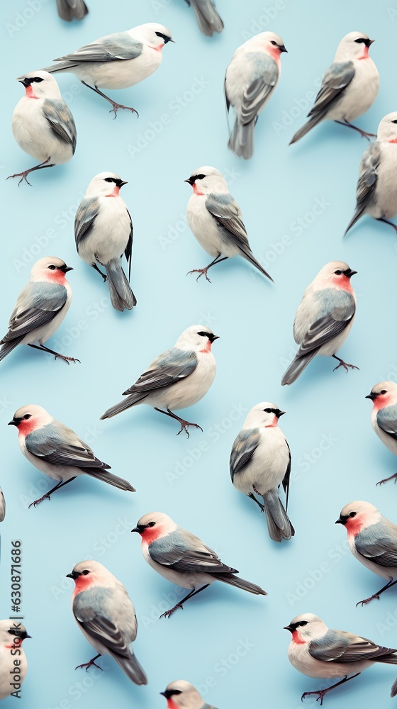 A flock of colorful birds flutter their wings against a vibrant blue ...